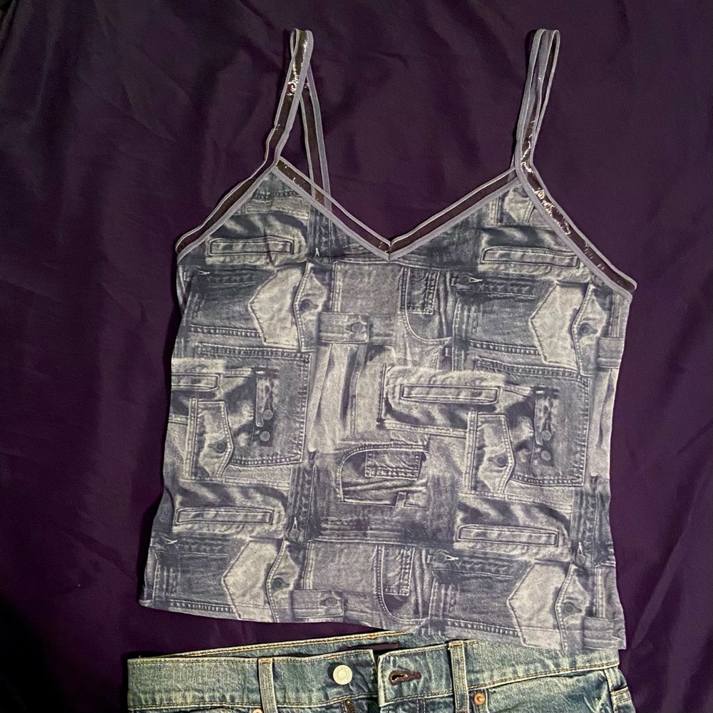 No Boundaries Y2k Mesh Denim Print Top - Gem